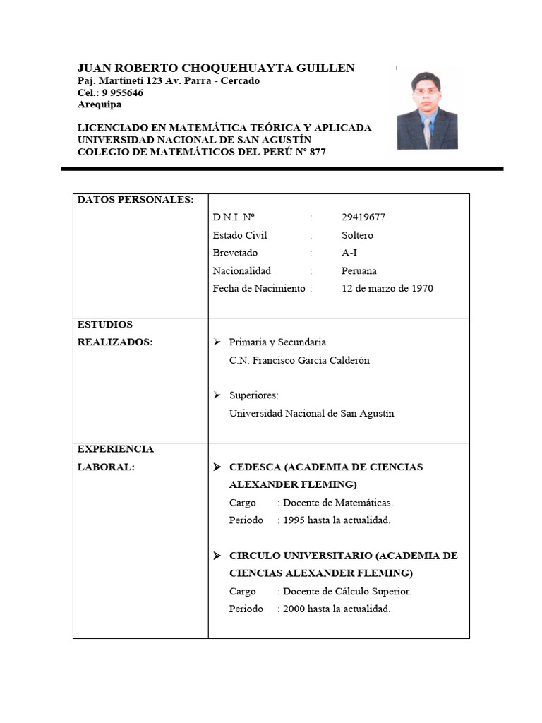 Curriculum-Juan Roberto Choquehuayta Guillen | PDF | Etapas educativas | Science