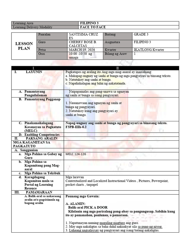 Lesson Plan For Demo Teaching CO 3 Filipino 3 | PDF