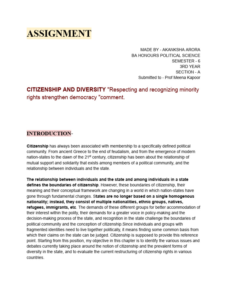 Citizenship and Diversity Assignment | PDF | Multiculturalism | Citizenship