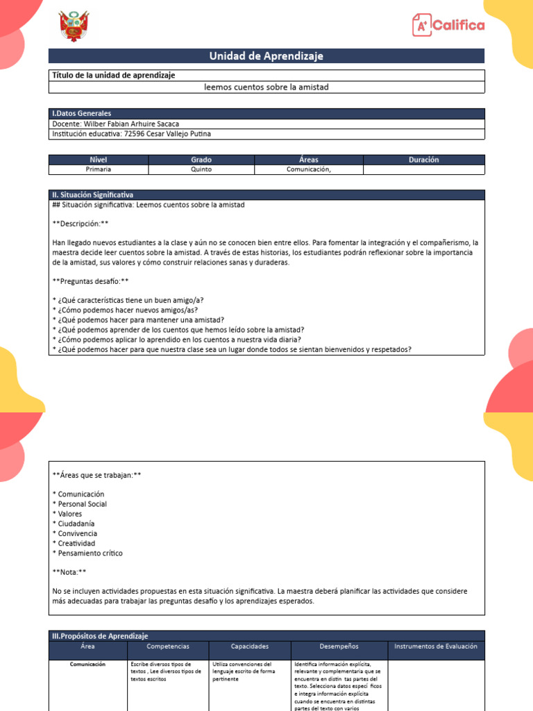 UNIDAD DE APRENDIZAJE Leemos Cuentos Sobre La Amistad | PDF | Aprendizaje | Comprensión lectora