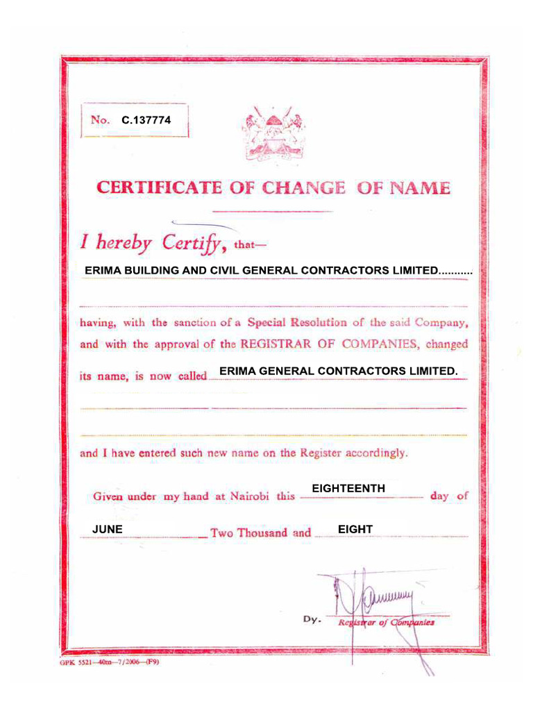 Erima Certificate of Registration | PDF
