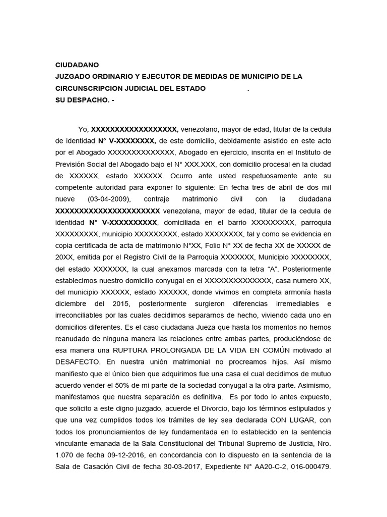 Divorcio Express Venezuela Modelo Actualizado-Julio 2019 (SENT. 1070 ...
