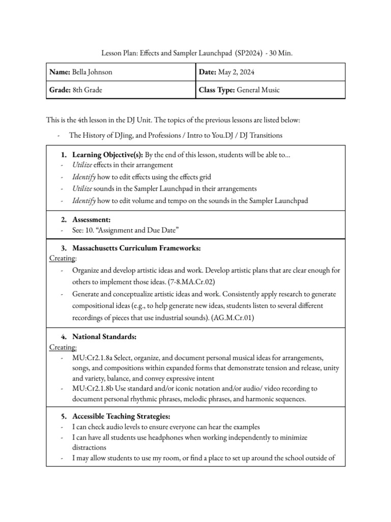 Lesson Plan 4 DJ Transitions SP 2024 1 | PDF | Disc Jockey | Lesson Plan
