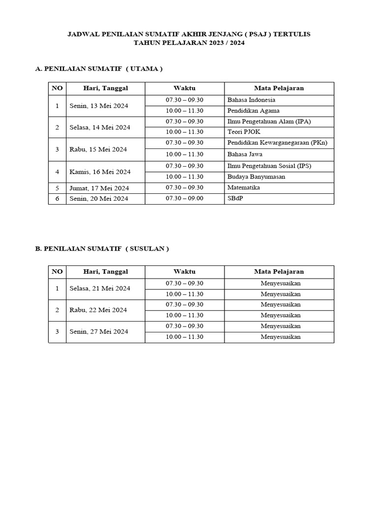 Jadwal Psaj Tertulis 2023-2024 | PDF
