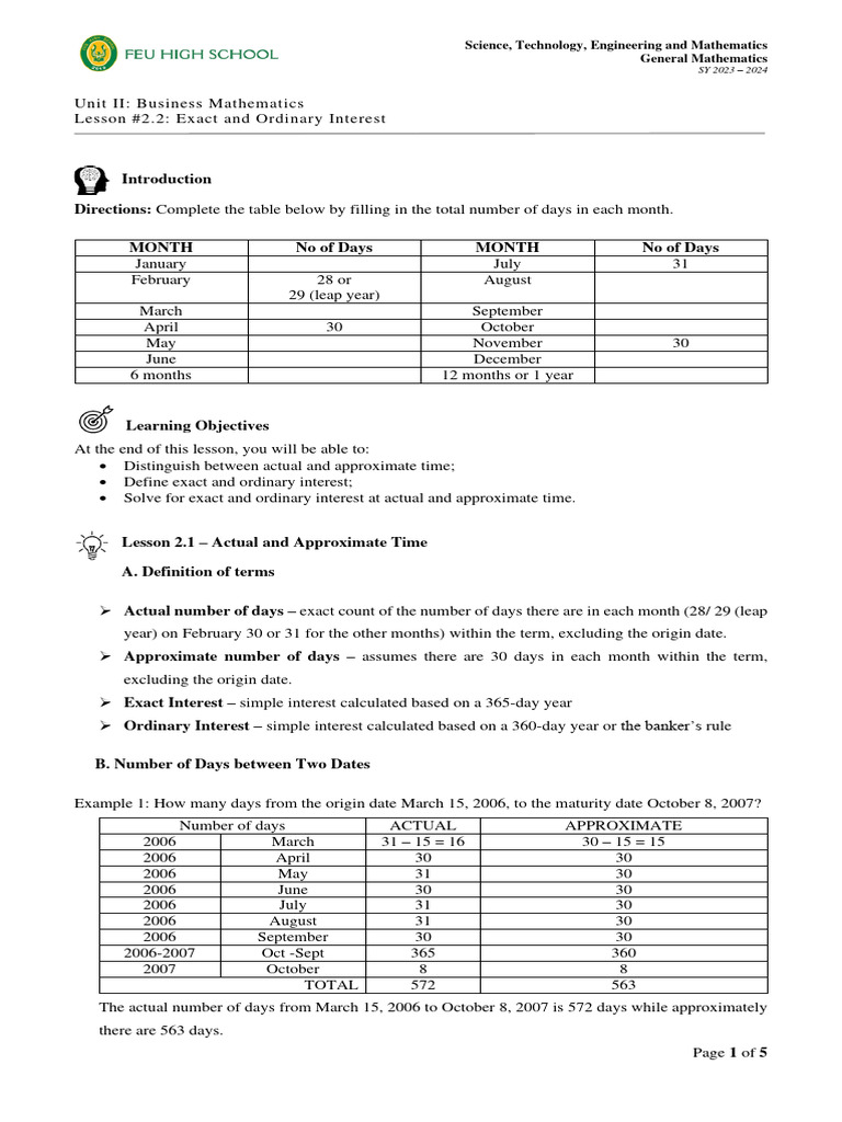 SG - Lesson2.2 - Exact and Ordinary Interest-1 | PDF | Interest | Equations
