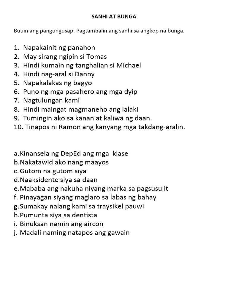 Sanhi at Bunga Worksheet | PDF