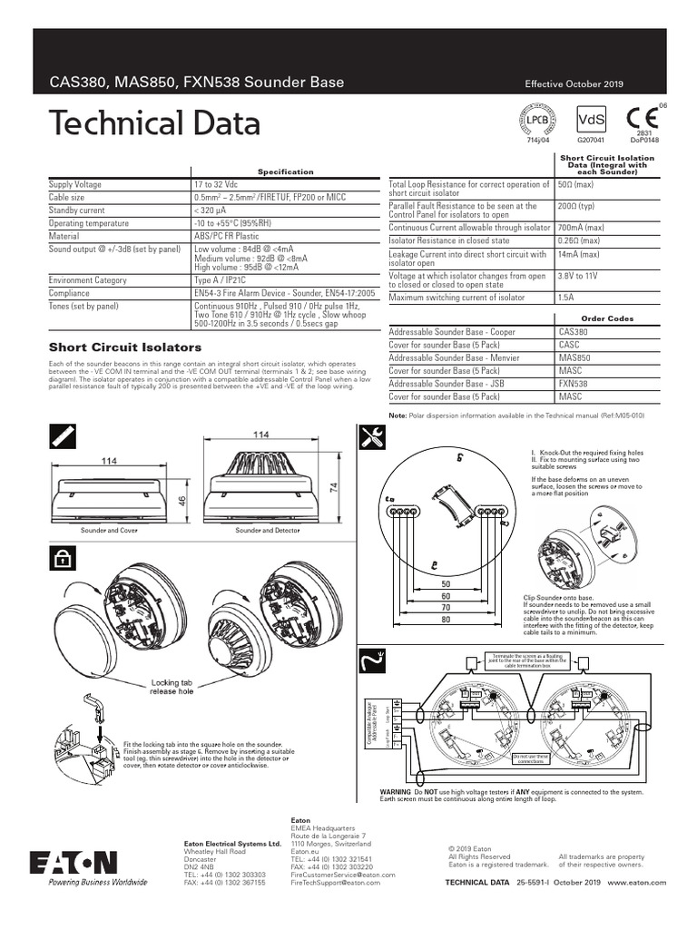 Eaton Fire Addressable Sounder Base Cas380 Manual 25 5591 en | PDF ...