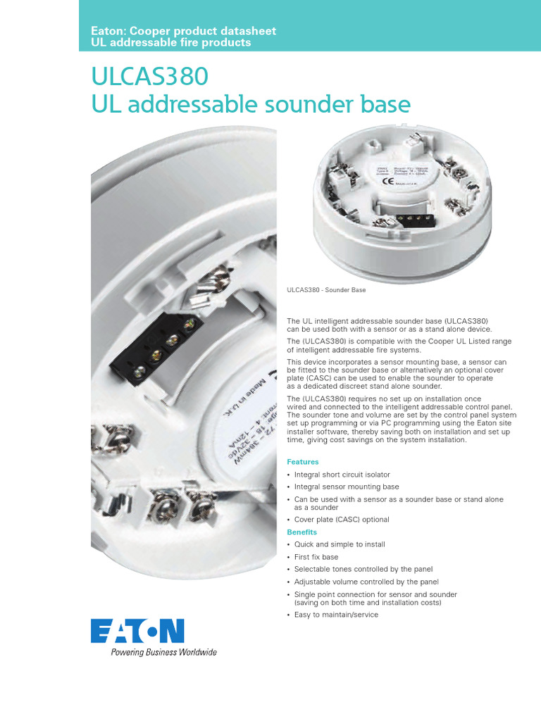 Eaton Fire Ul Addressable Base Sounder Ulcas380 Datasheet | Download ...