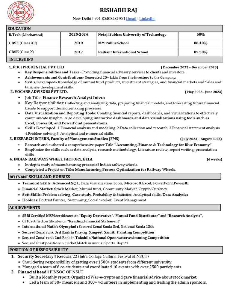 Rishabh's Resume | Download Free PDF | Data Analysis | Business
