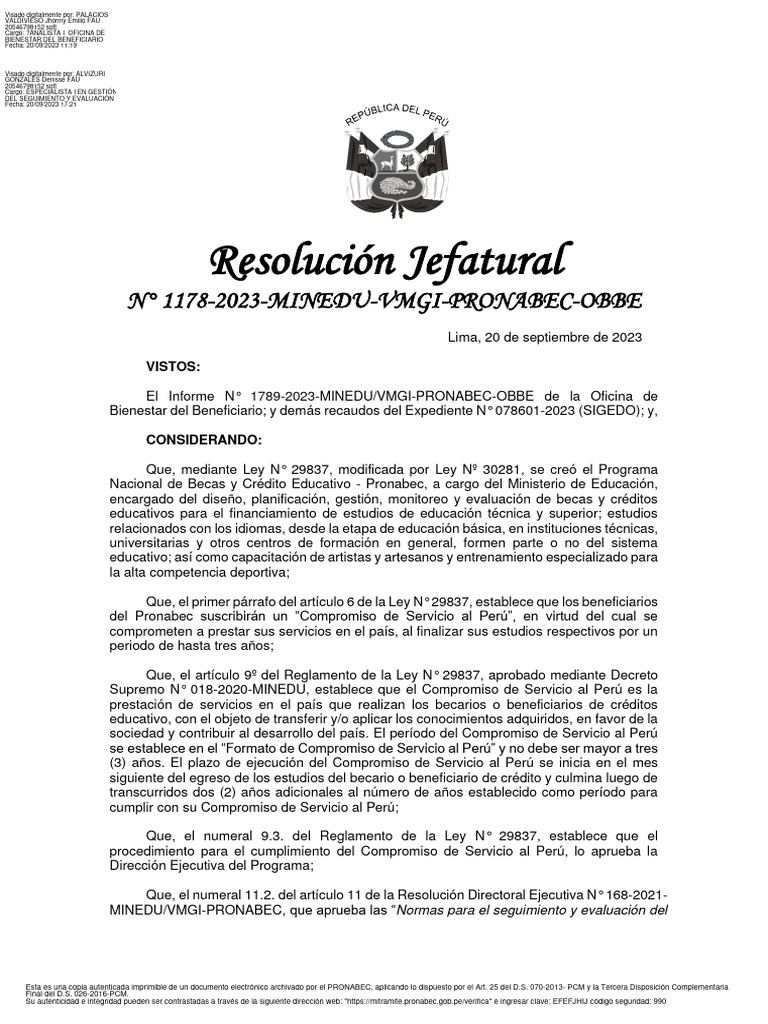 RJ N. 1178 2023 Minedu Vmgi Pronabec Obbe | PDF | Educación más alta ...