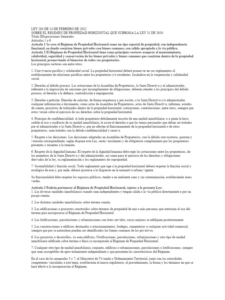 Ley 284 de 14 de Febrero de 2022-Word | PDF | Condominio | Propiedad
