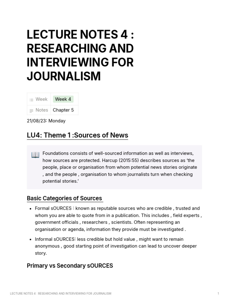 Lecture Notes 4 Researching and Interviewing For Journalism | PDF ...
