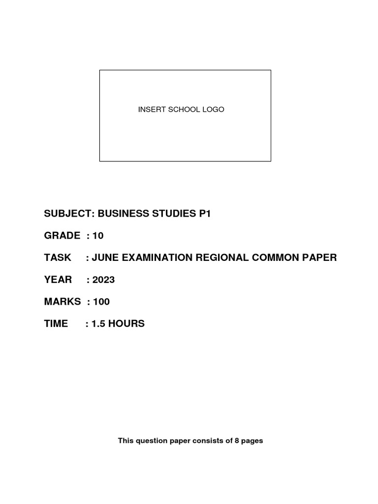 Grade 10 Business Studies June Exam 2023 | PDF | Question | Multiple Choice