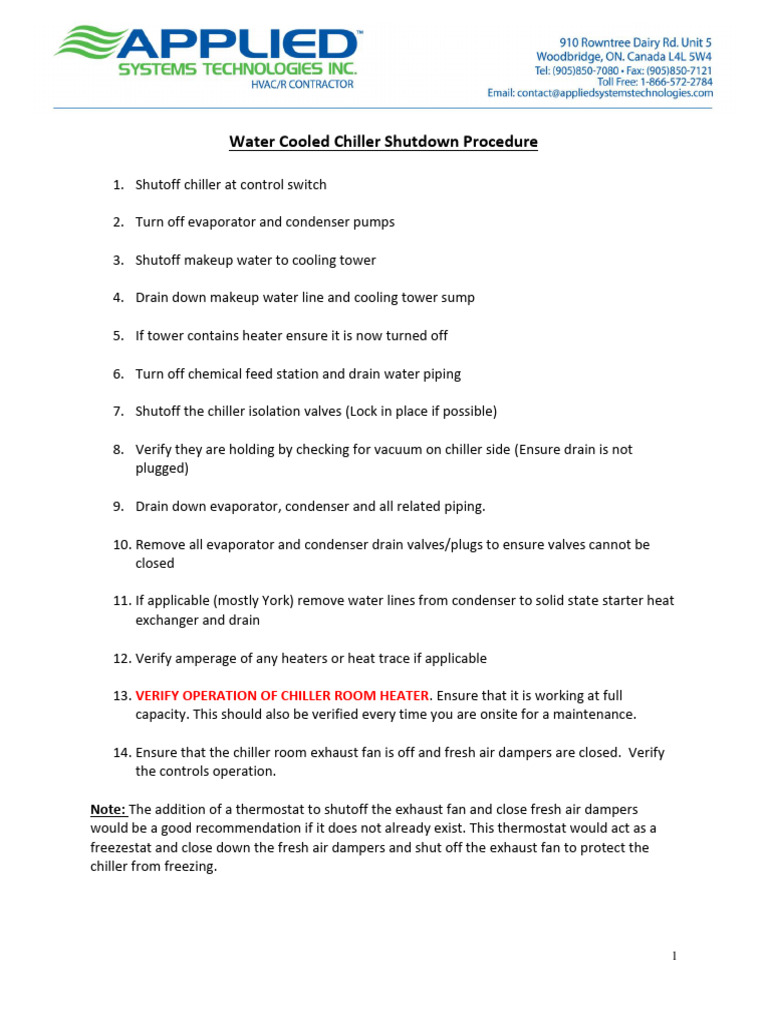 Water Cooled Chiller Shutdown Steps | PDF