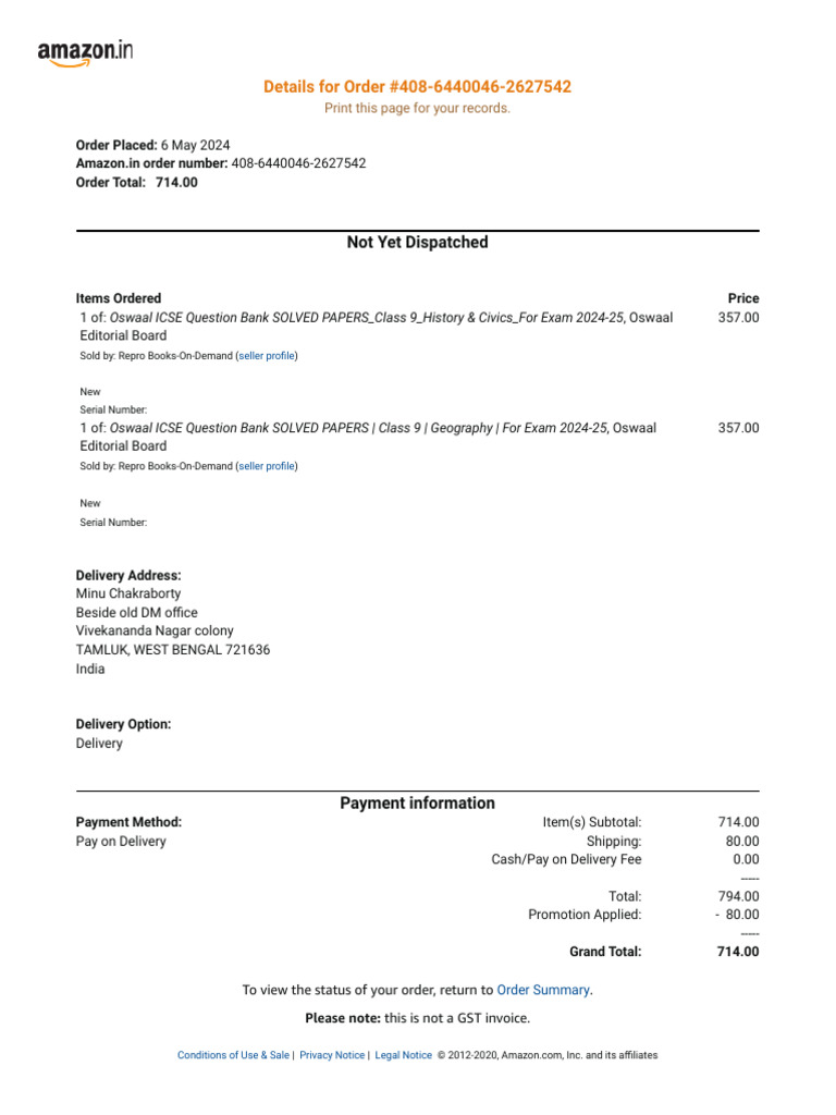 Amazon Order Summary for Invoice | PDF | Invoice | Payments