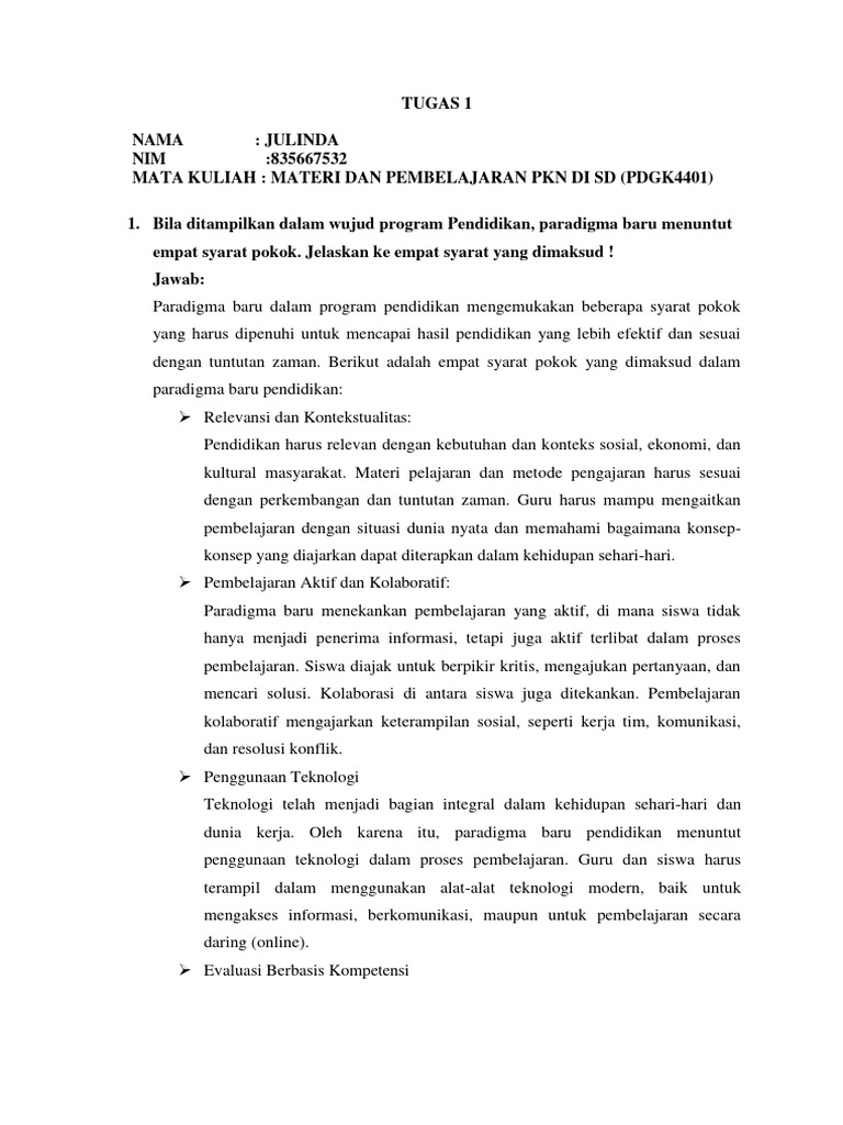 Tugas 1 Julinda Materi Dan Pembelajaran PKN Di SD (PDGK4401) | PDF | Karier & Perkembangan ...