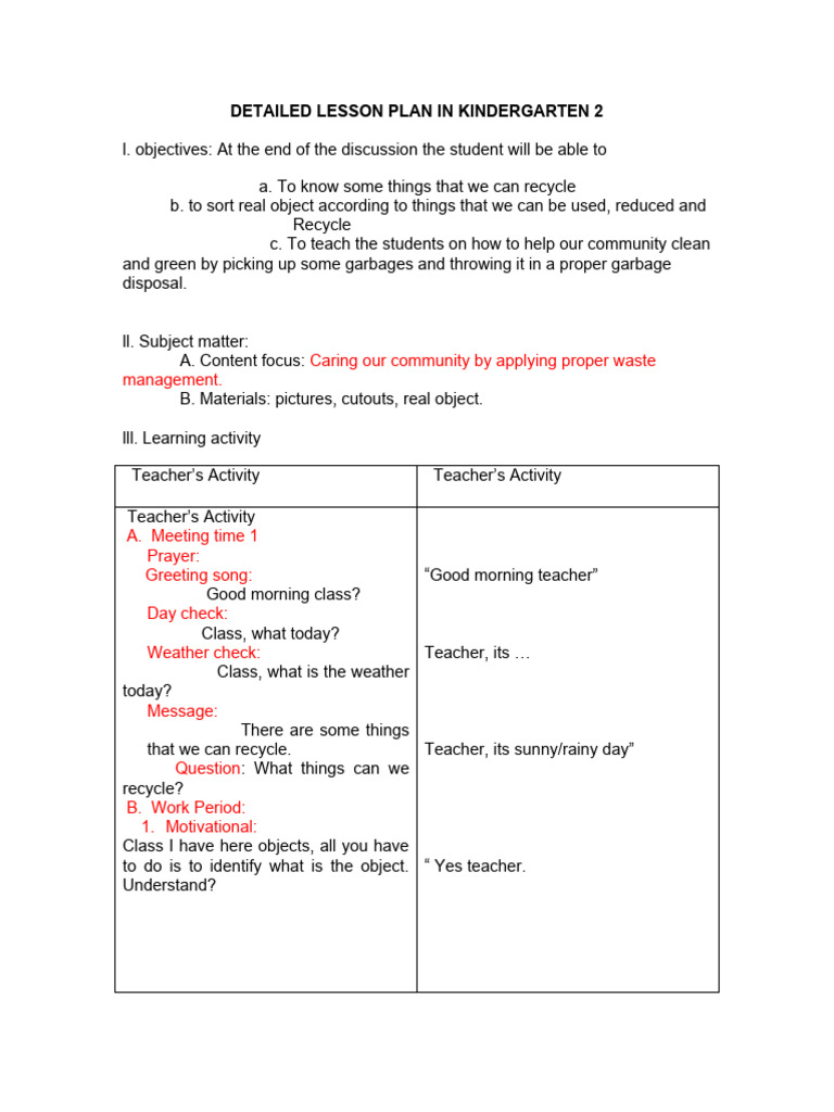 Detailed Lesson Plan in Kindergarten 2 | PDF | Recycling | Teachers