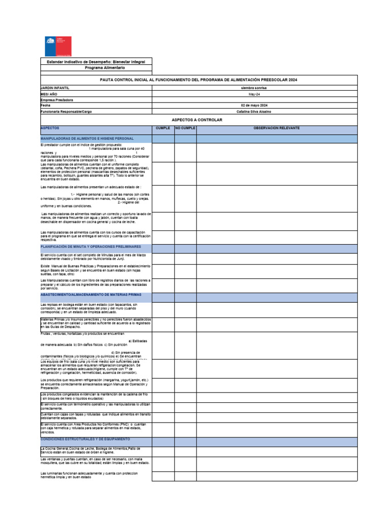 Pauta Control Inicial Pap 2024 | PDF | Higiene | Cocina
