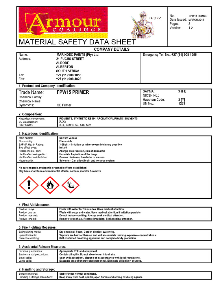 Marindec Paints - FPW15 Primer MSDS Updated | Download Free PDF ...