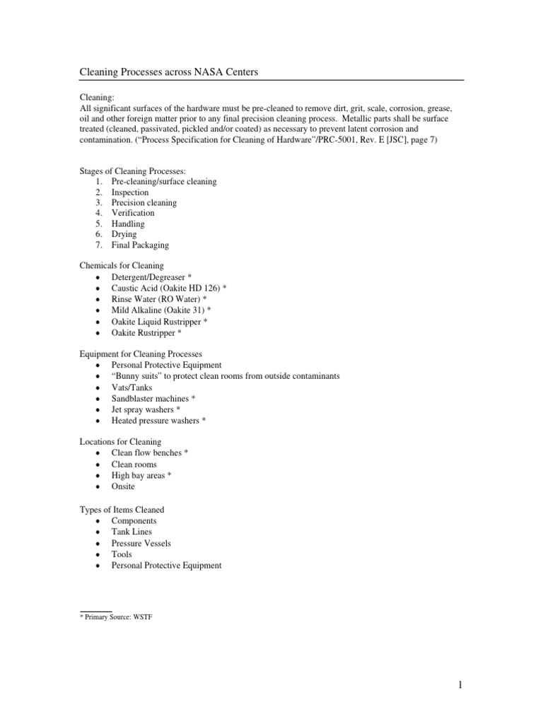 Cleaning Processes Across NASA Centers: Primary Source: WSTF | PDF ...