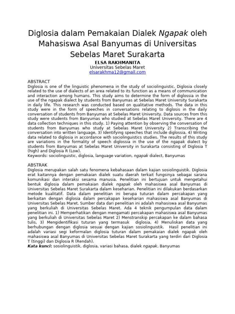 Diglosia Dalam Pemakaian Dialek Ngapak Oleh Mahasiswa Asal Banyumas Di ...