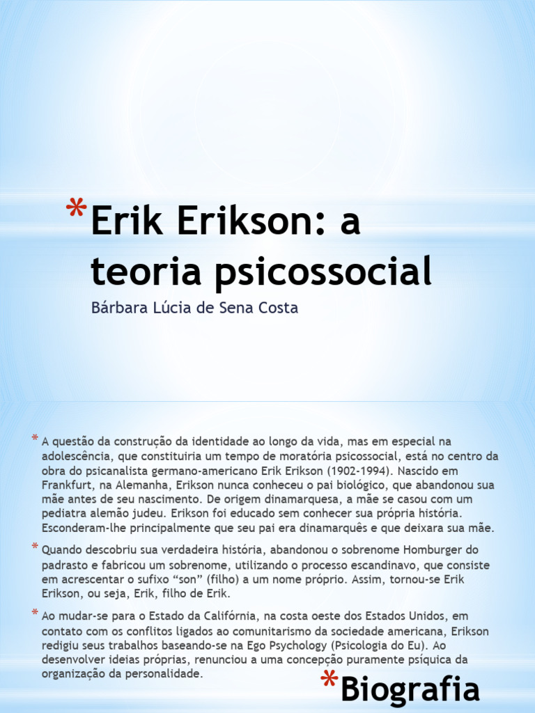 Erik Erikson Slide | Download grátis PDF | Família | Psicologia Social