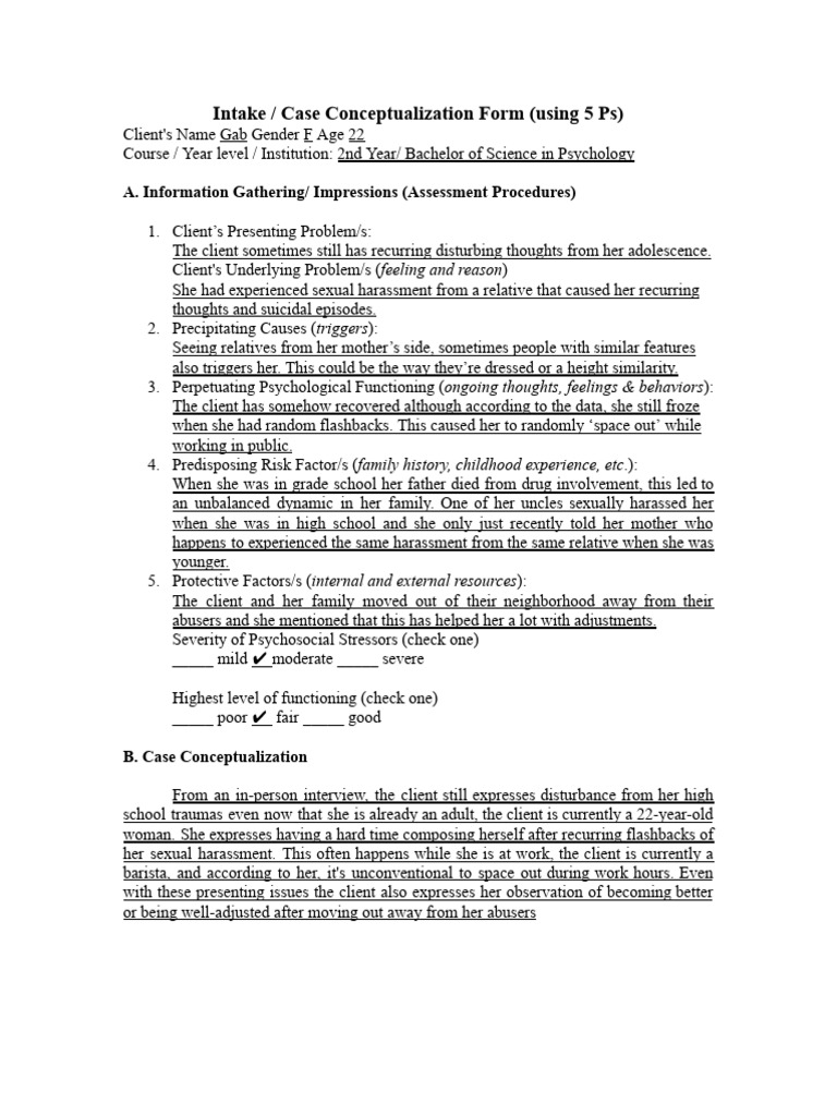 Case Conceptualization Intake Form 5Ps | PDF | Counseling Psychology ...
