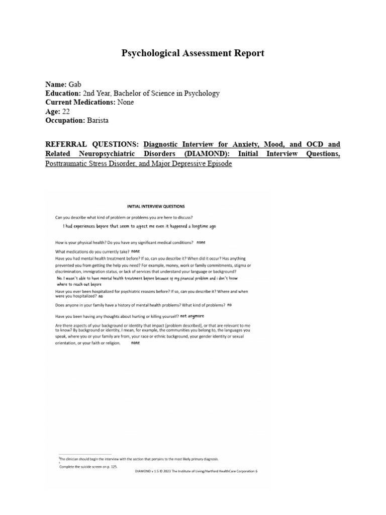 Psychological Assessment Report. | PDF | Mental Disorder | Major ...