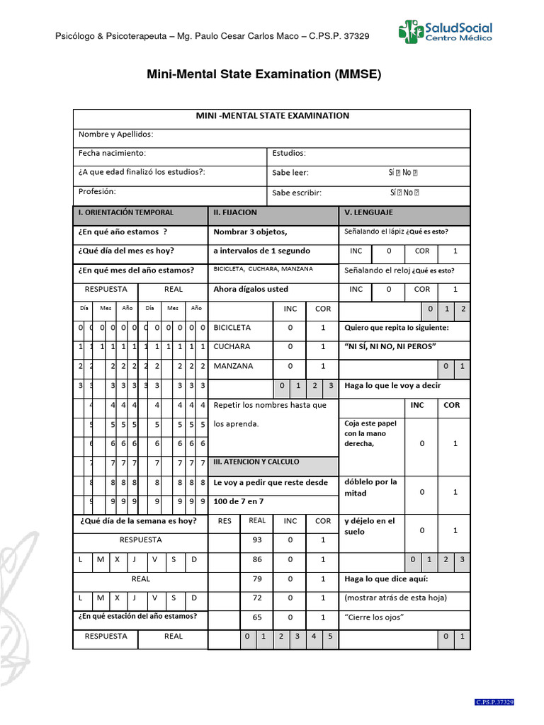 Minimental Folstein | PDF | Diagnostico medico | Cognición
