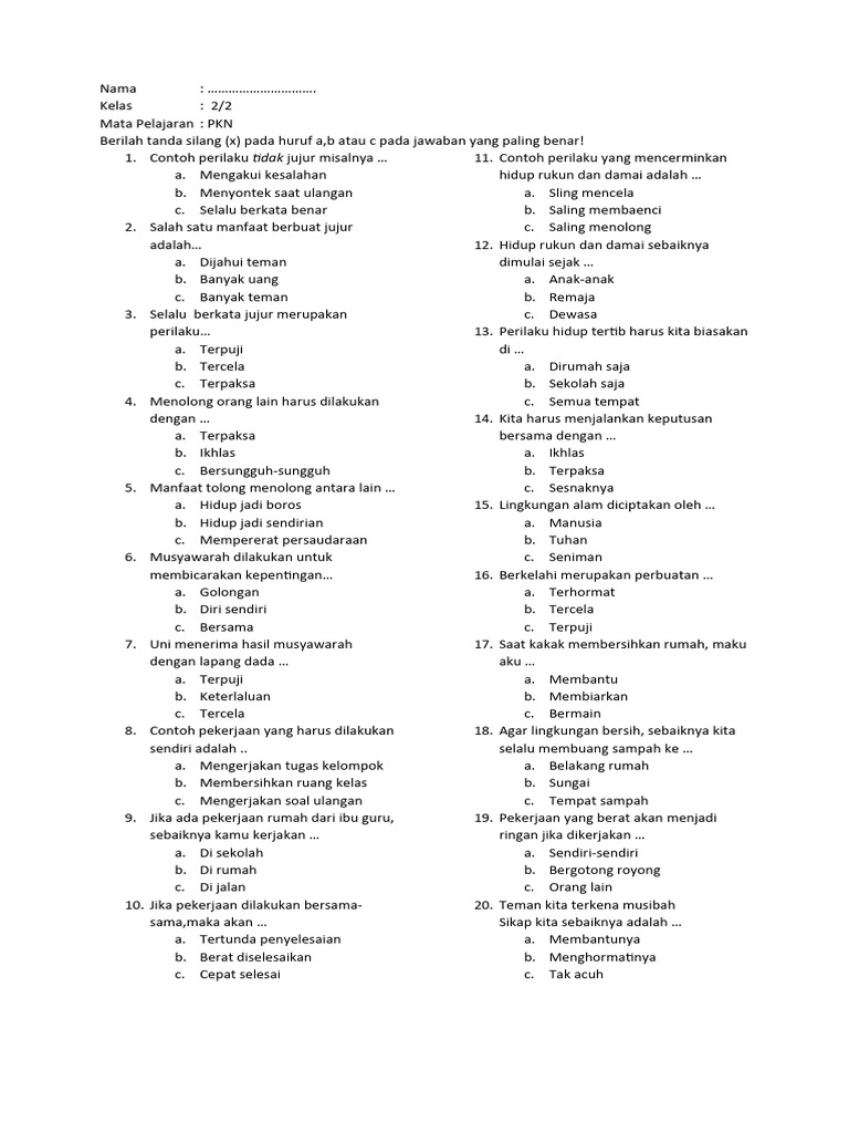 Soal Buk KLS 2 SMT 2 PKN | PDF