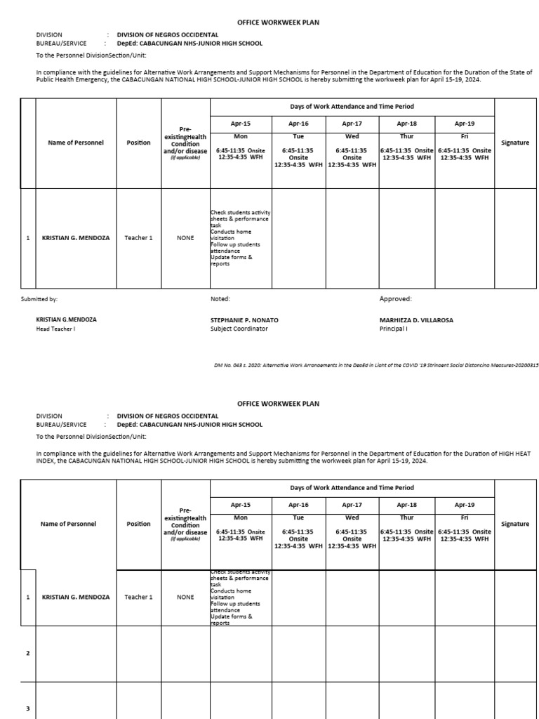Sample Work Week Plan | PDF