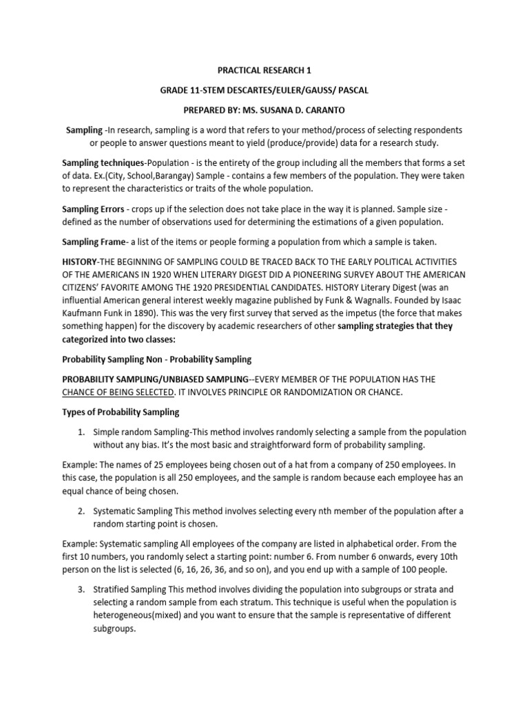 Sampling Handout Pdf Sampling Statistics Stratified Sampling