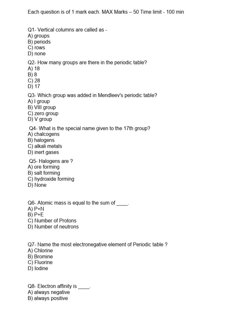 Class 10 Periodic Table MCQ Test | PDF | Periodic Table | Atoms