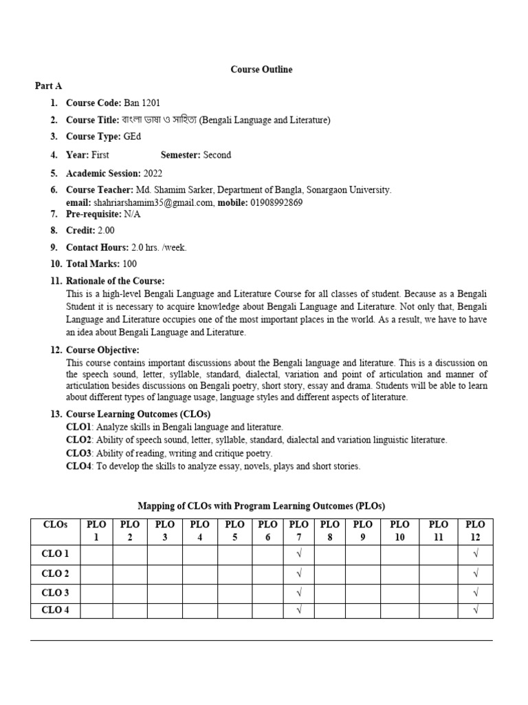 Ban 1201 Shamim Sarker Course Outline OBE | PDF
