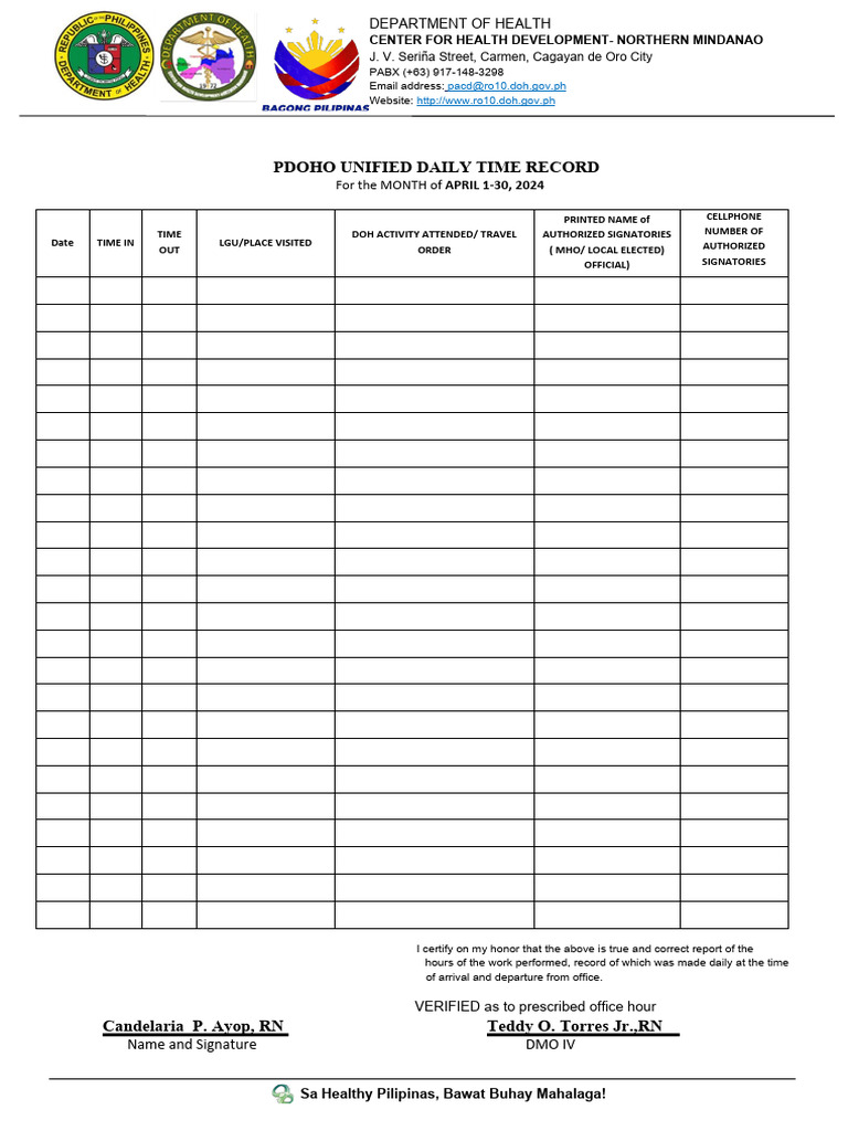 PDOHO April 2024 Daily Time Record | PDF