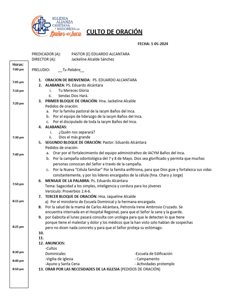 Programa Culto de Oración - 1-05-2024 | PDF | Oración | Práctica espiritual