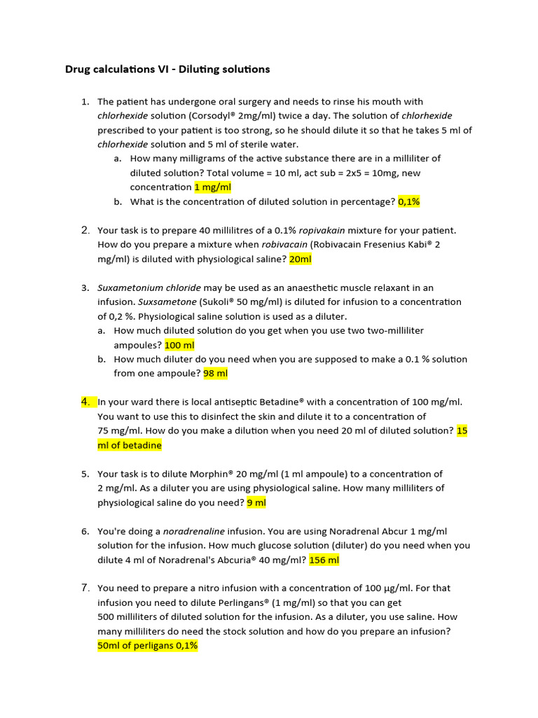 Drug Calculations VI - Diluting Solutions | PDF | Saline (Medicine ...
