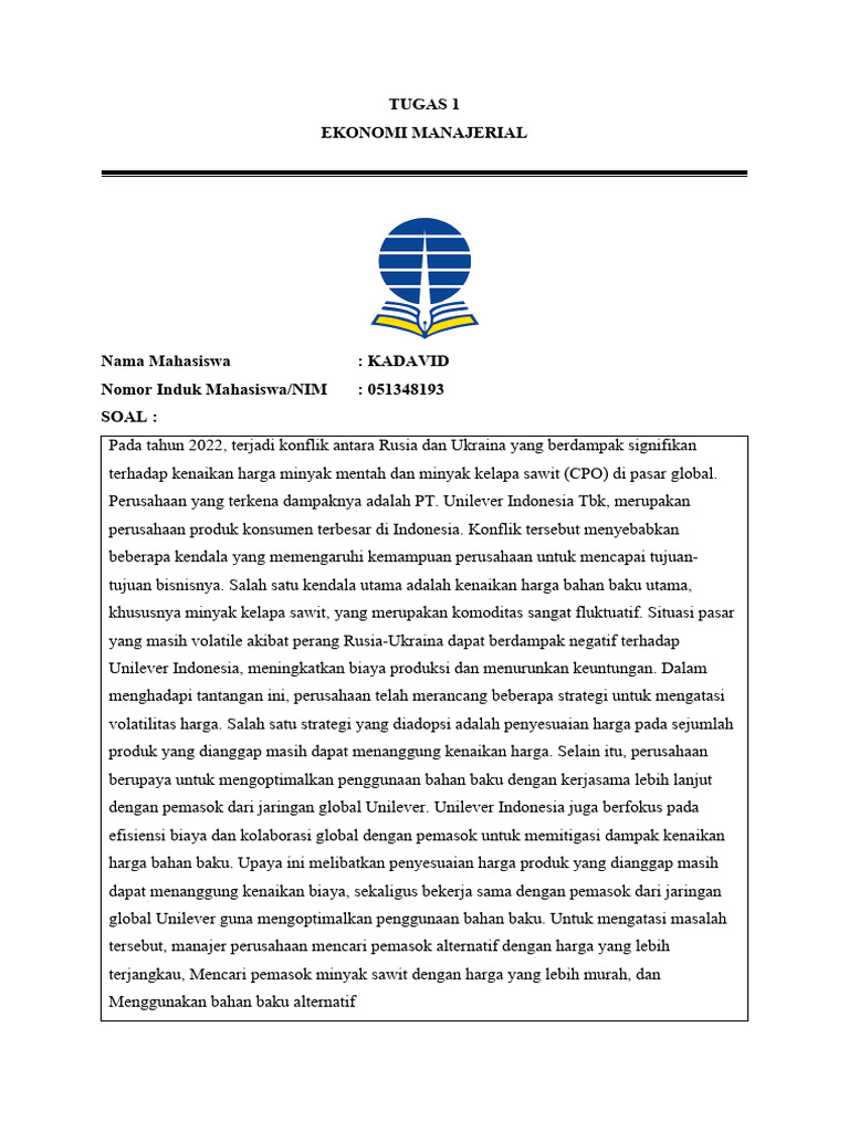 Tugas 1 - Ekonomi Manajerial | PDF