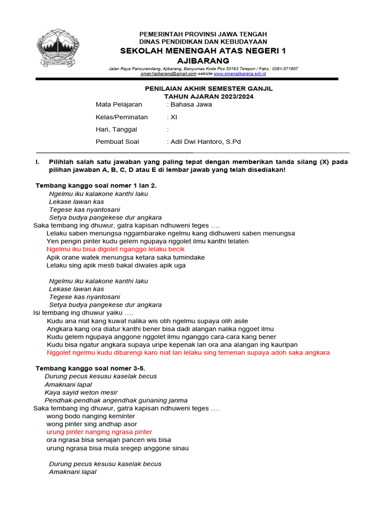 Soal Bahasa Jawa Kelas XI 2023 | PDF