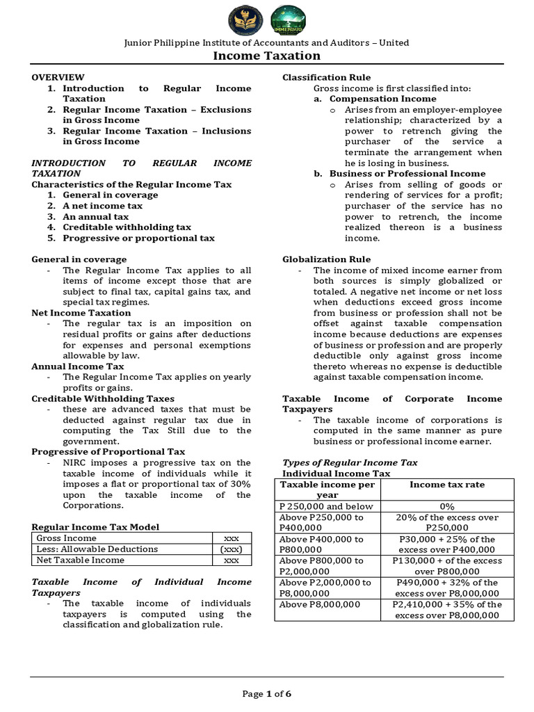 03 - Income Taxation - Regular Income Taxation | PDF | Gross Income ...