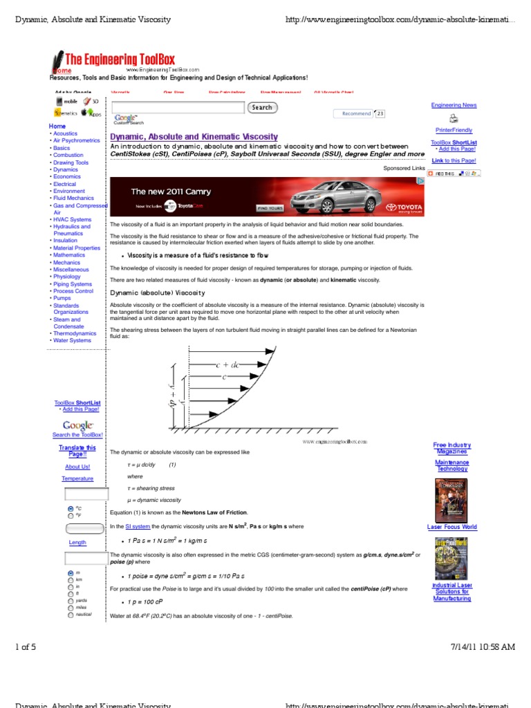 Dynamic, Absolute and Kinematic Viscosity | Download Free PDF ...