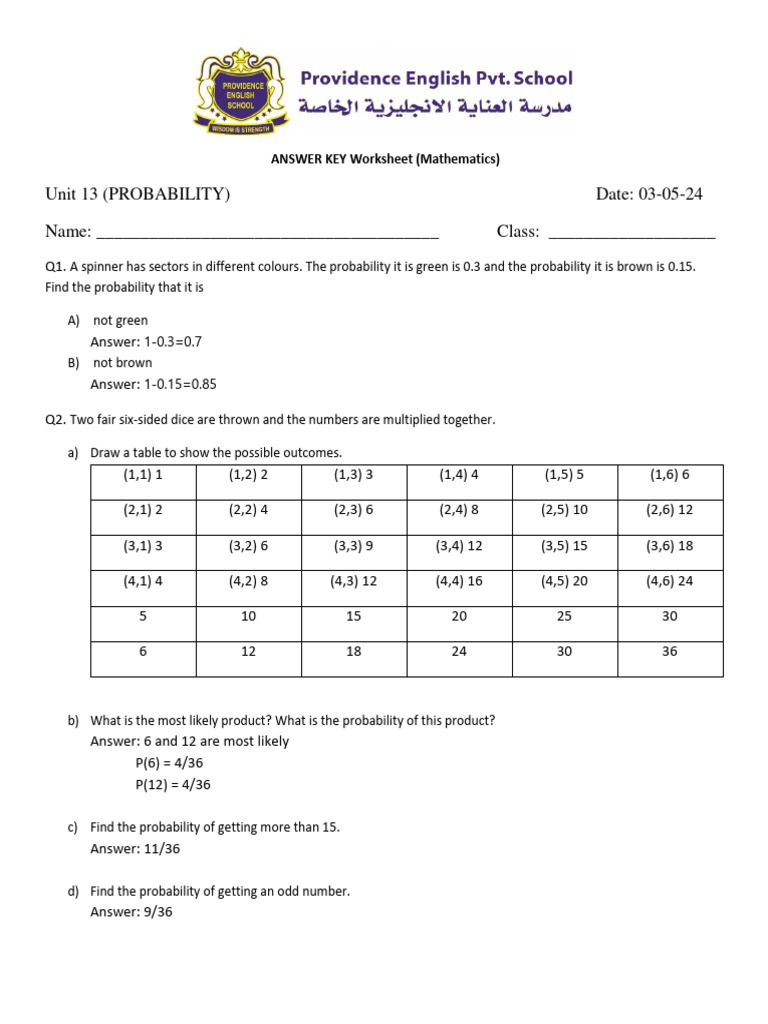 Probability Worksheet Answer Key | PDF | Probability | Probability Theory