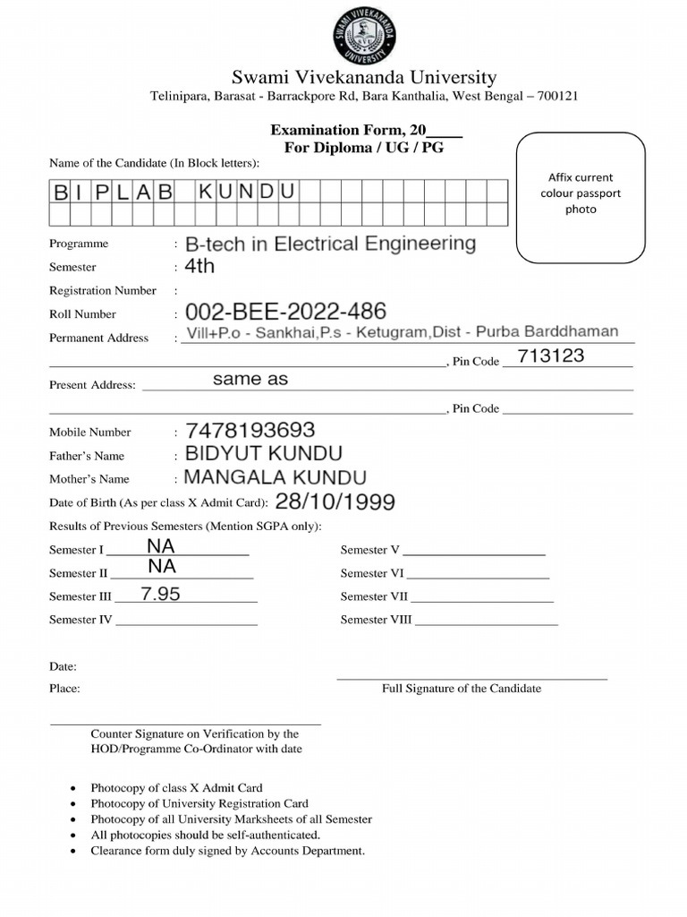 Exam Form (Biplab Kundu) | PDF