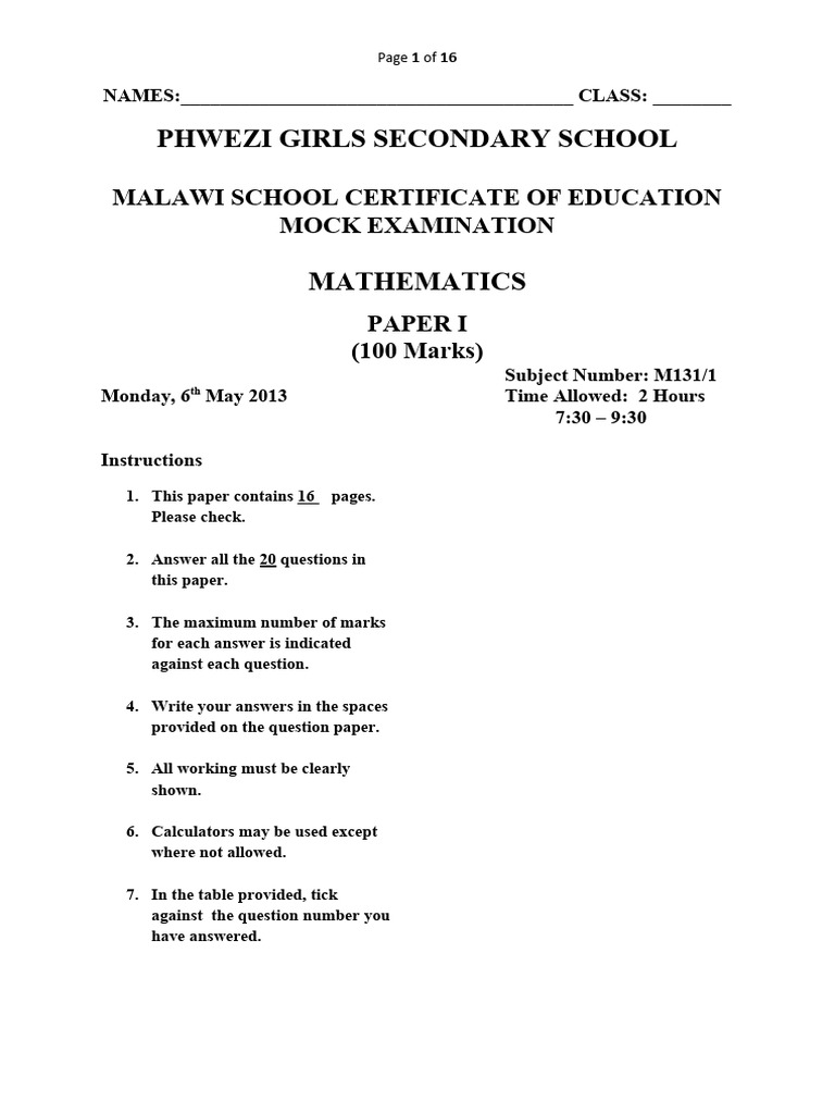 2013 Mock Mathematics Form Four Paper 1-1 | PDF | Mathematics ...
