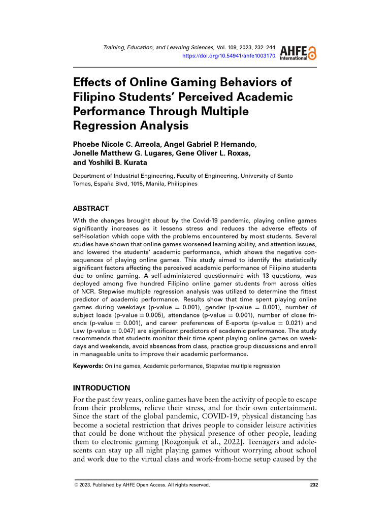 Effects of Online Gaming Behaviors of Filipino Students' Perceived Academic Performance Through ...