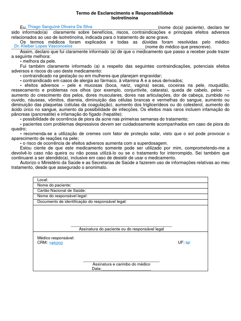 Isotretinoina - Termo Responsabilidade 2 | PDF | Ciências da Saúde ...