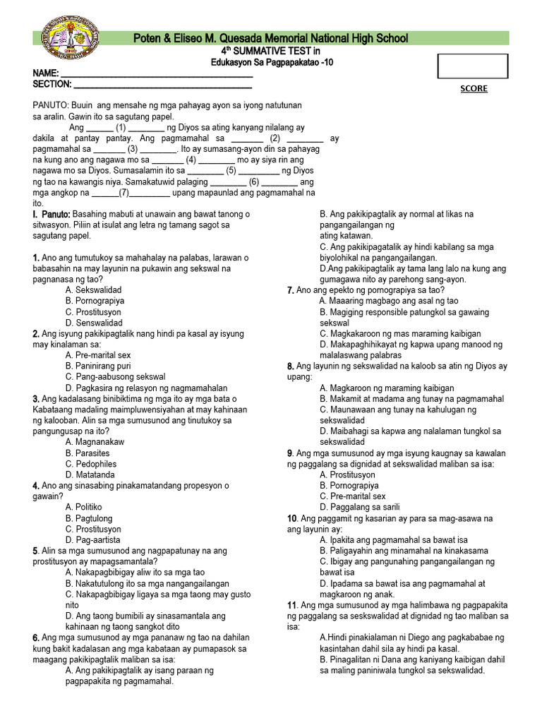 Esp 10 4th Summative Exam | PDF