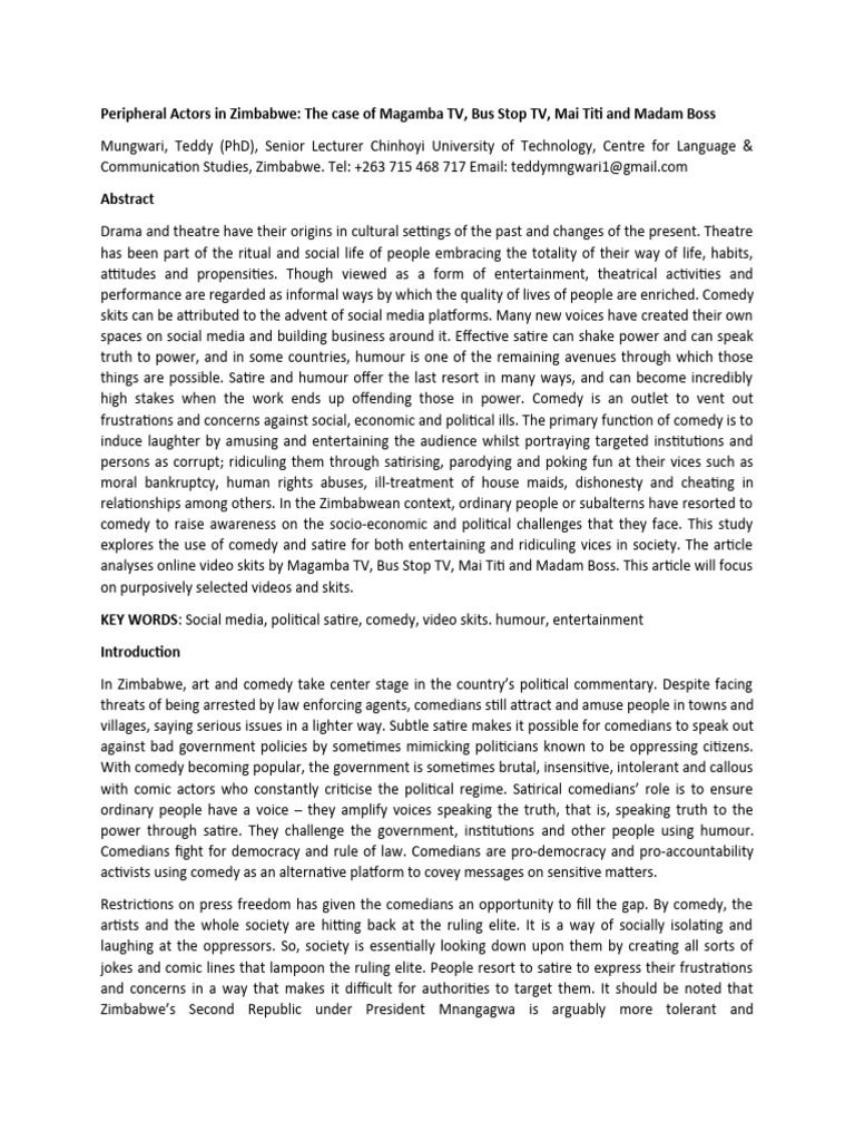 Peripheral Actors in Zimbabwe Final | PDF | Comedy | Satire