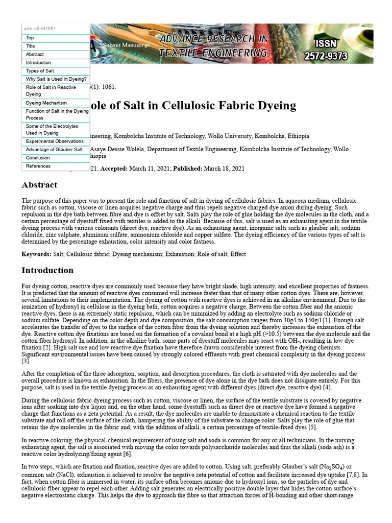 Effect and Role of Salt in Cellulosic Fabric Dyeing | PDF | Salt ...