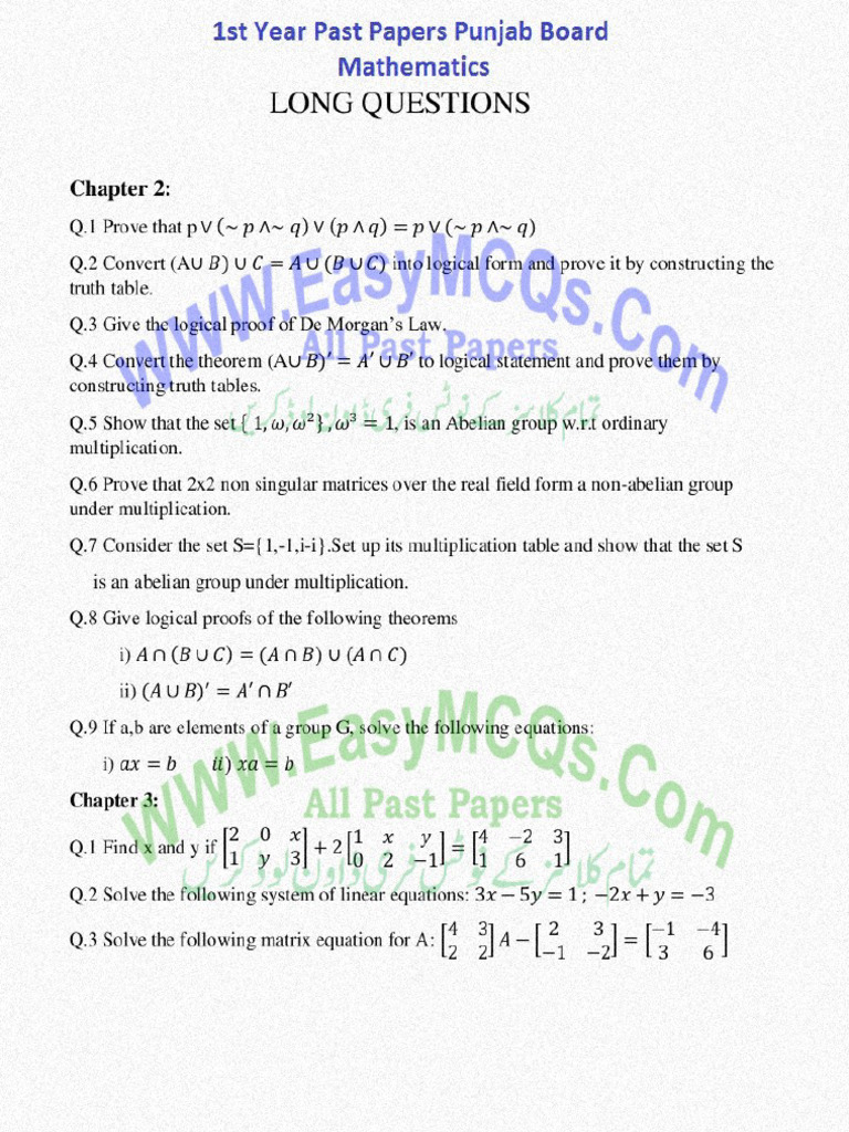 1st Year Mathematics Past Papers Long Question Answers | PDF